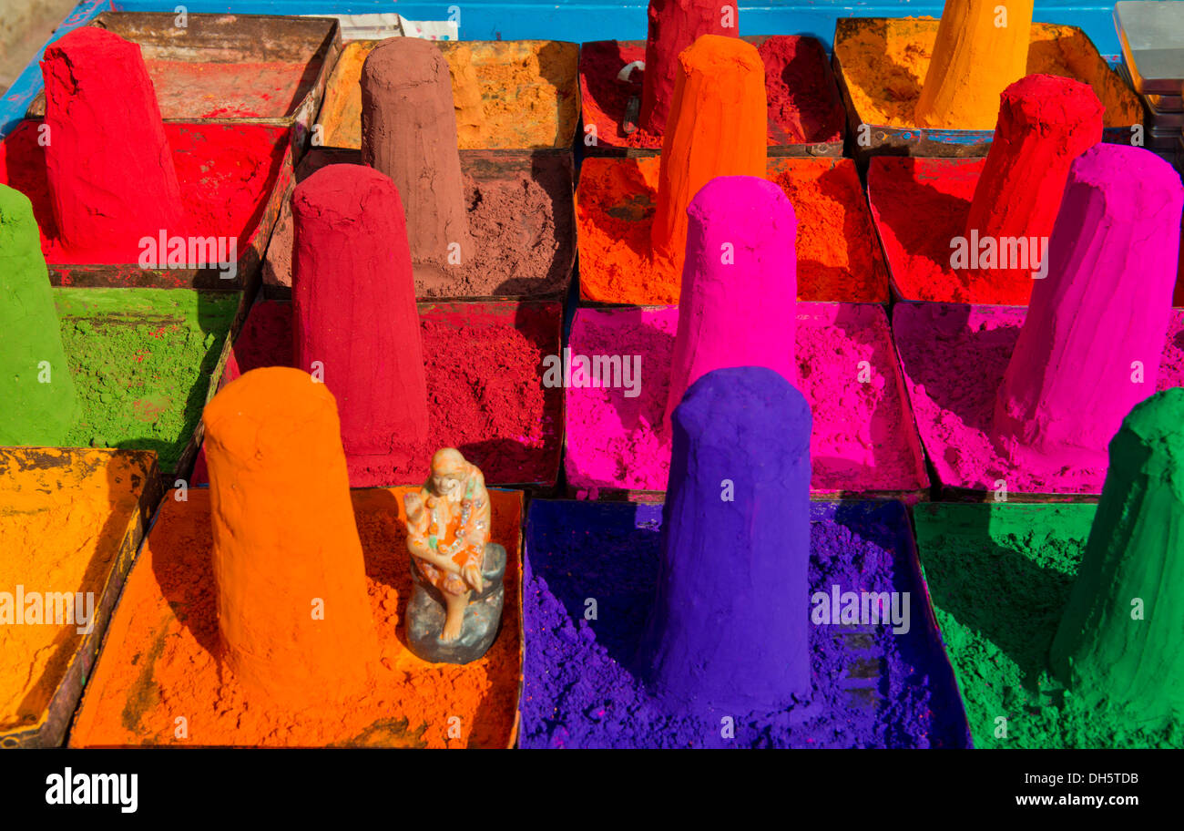 Colour powder for ritual purposes is displayed in small turrets for ...