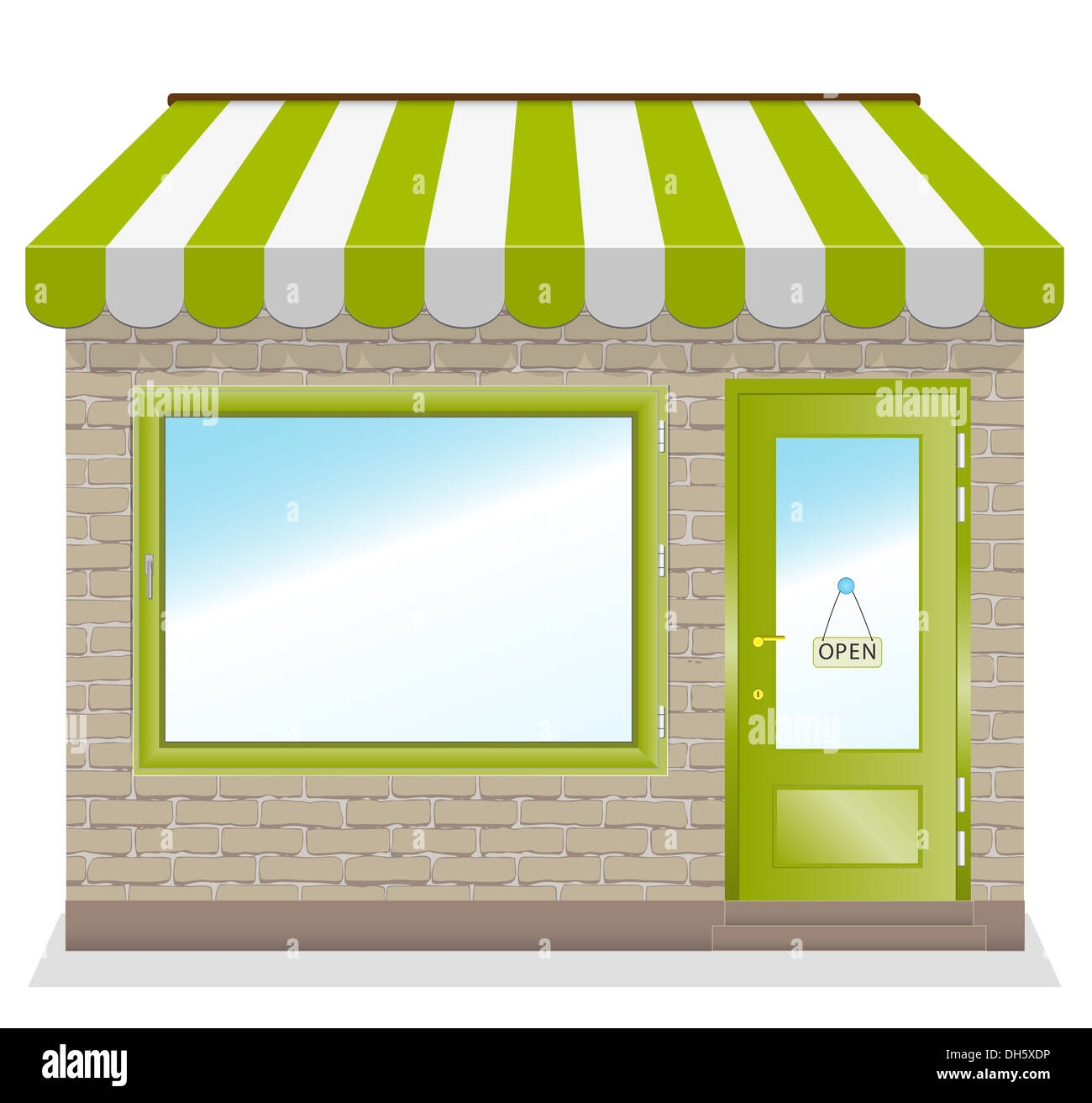 Cute shop icon with green awnings brick wall. Illustration Stock Photo ...