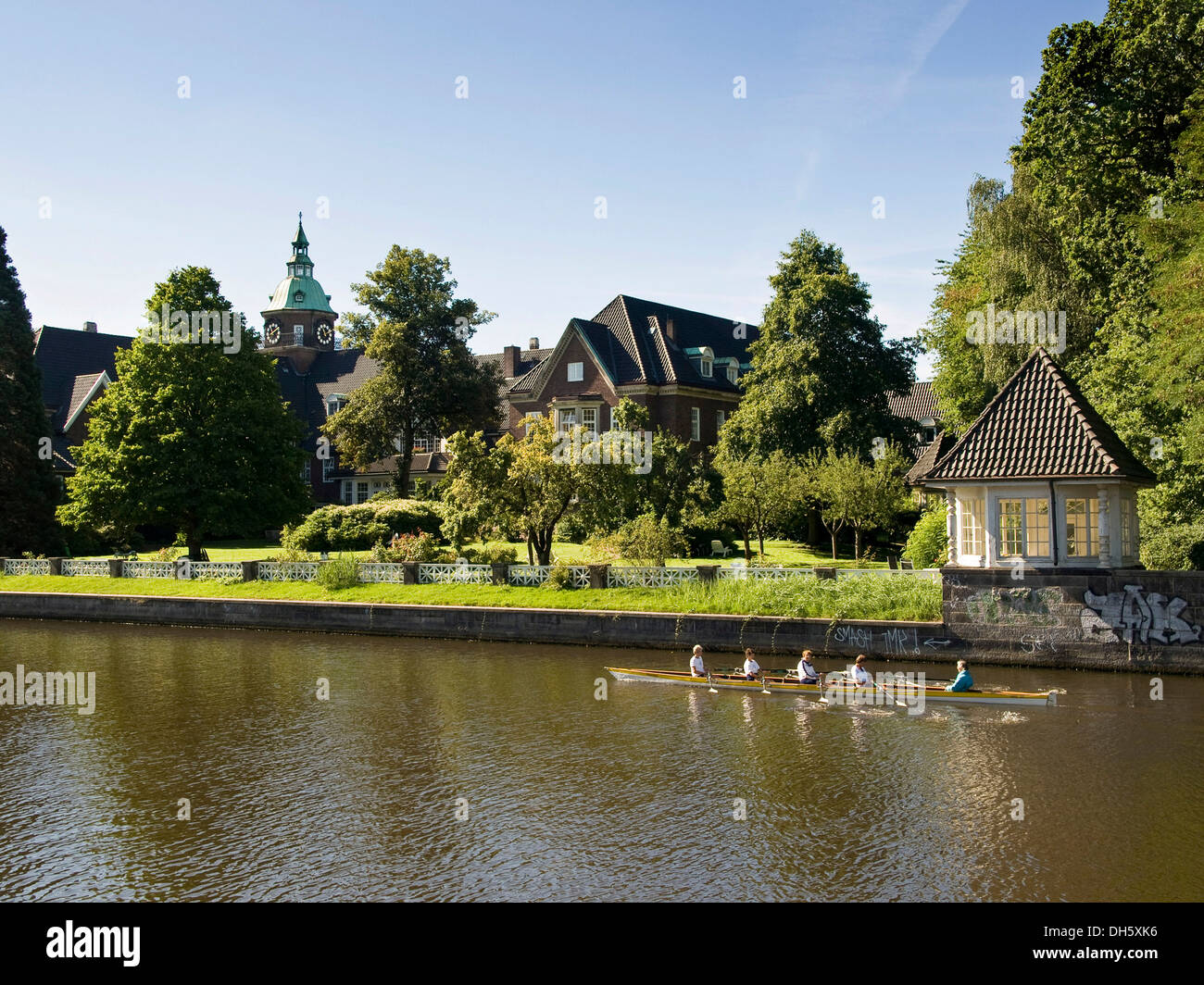 Rowing boat on the Alster in front of St. Johannis' Monastery, Hamburg ...