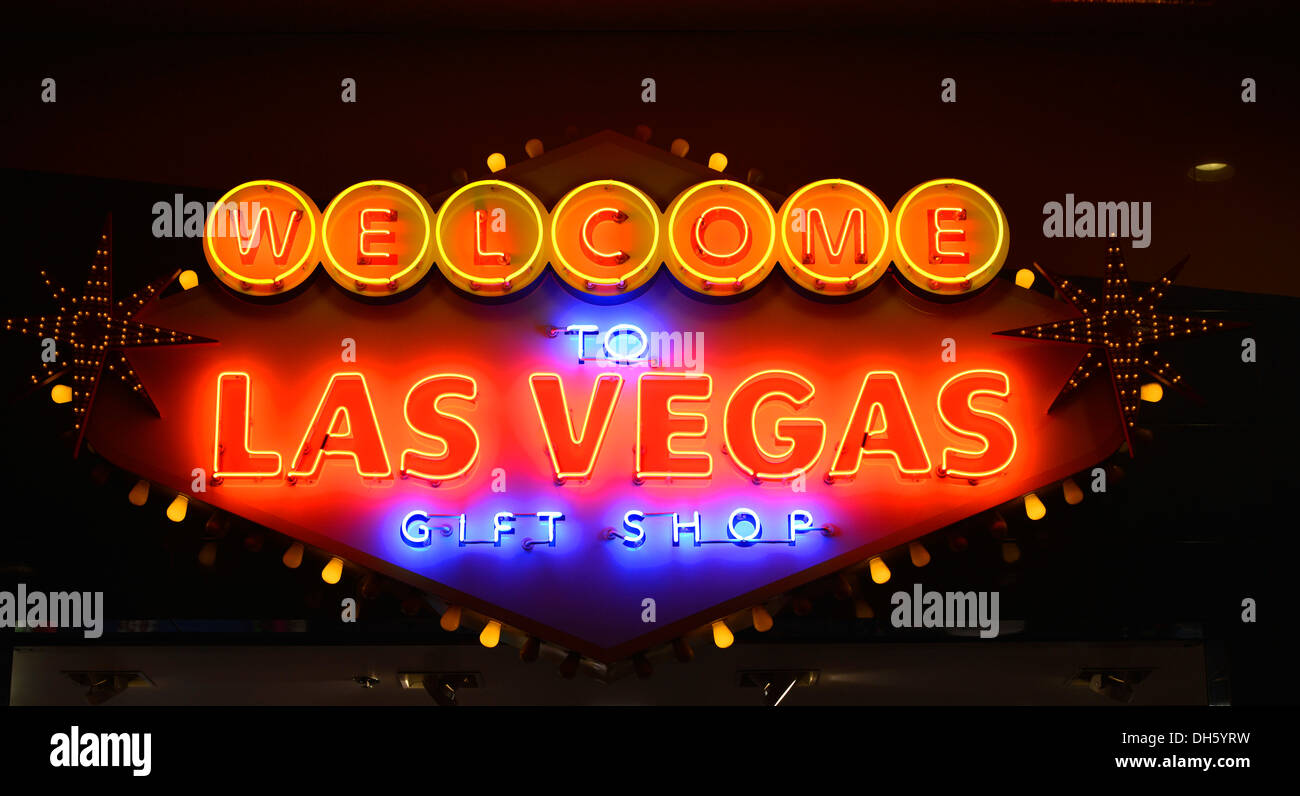 Neon logo at night, advertisement, welcome sign, welcome to Las Vegas ...