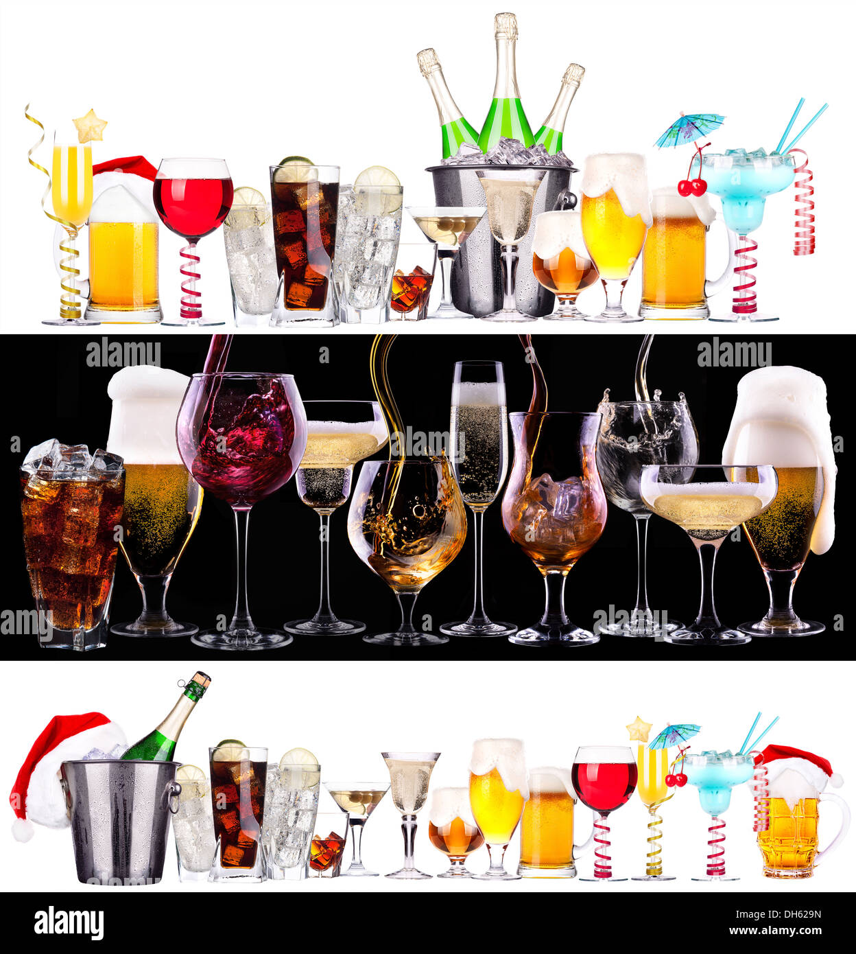 different images of alcohol - beer, martini, cola, champagne, wine ...