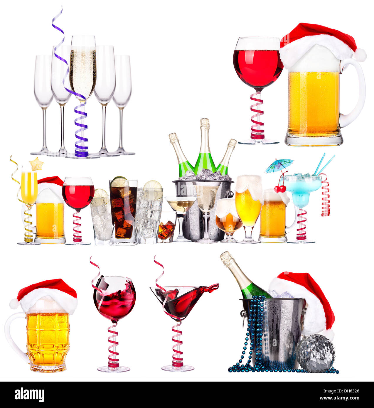 different images of alcohol - beer, martini, cola, champagne, wine ...
