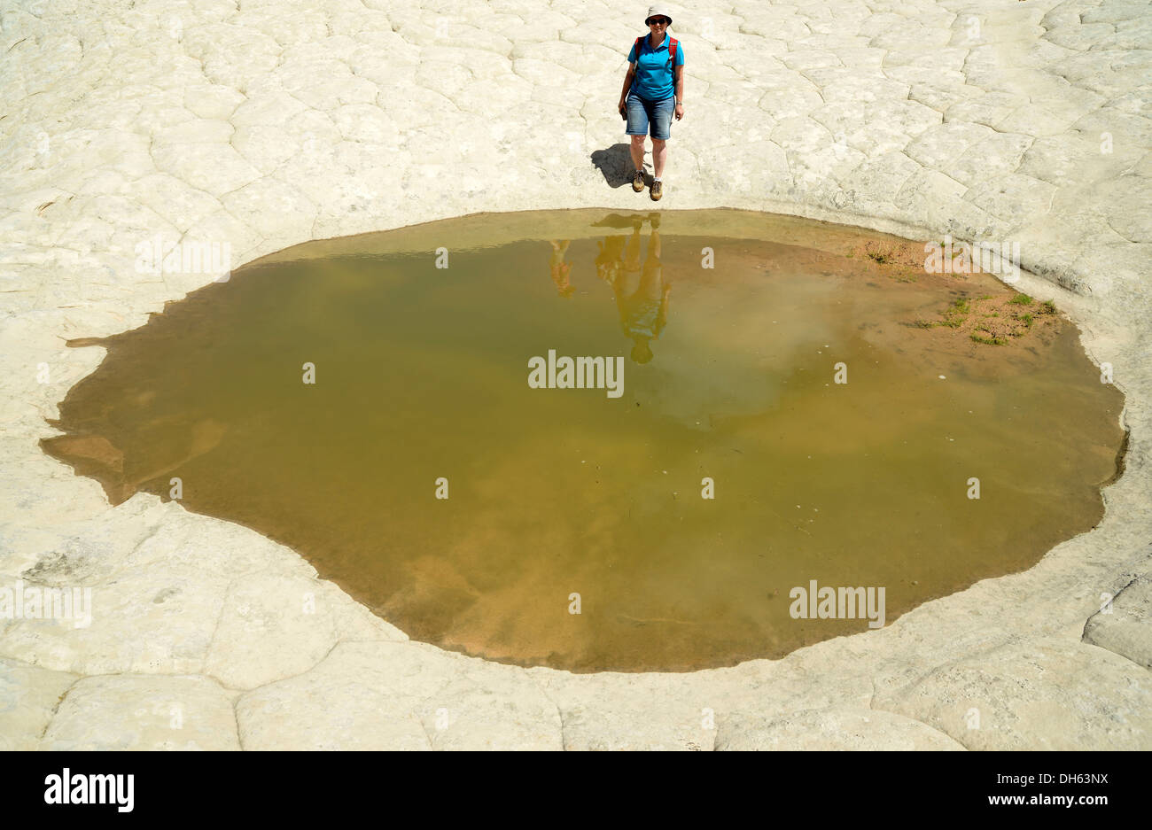 Tourist at White Pocket water pocket, eroded Navajo sandstone rocks ...
