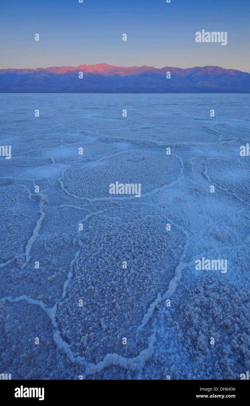Salt pan, salt crystals, before sunrise at Badwater Basin, Panamint ...