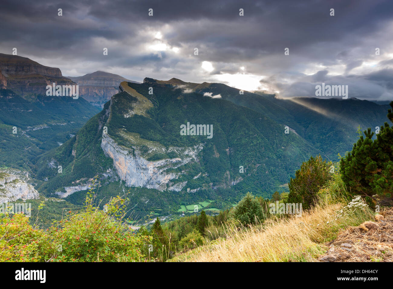 View over Valle de Broto towards Pena Mondaruego, Parque Nacional de ...