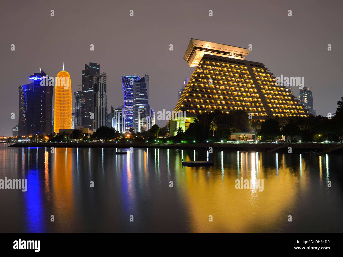 Night scene, skyline of Doha with Al Bidda Tower, World Trade Center ...
