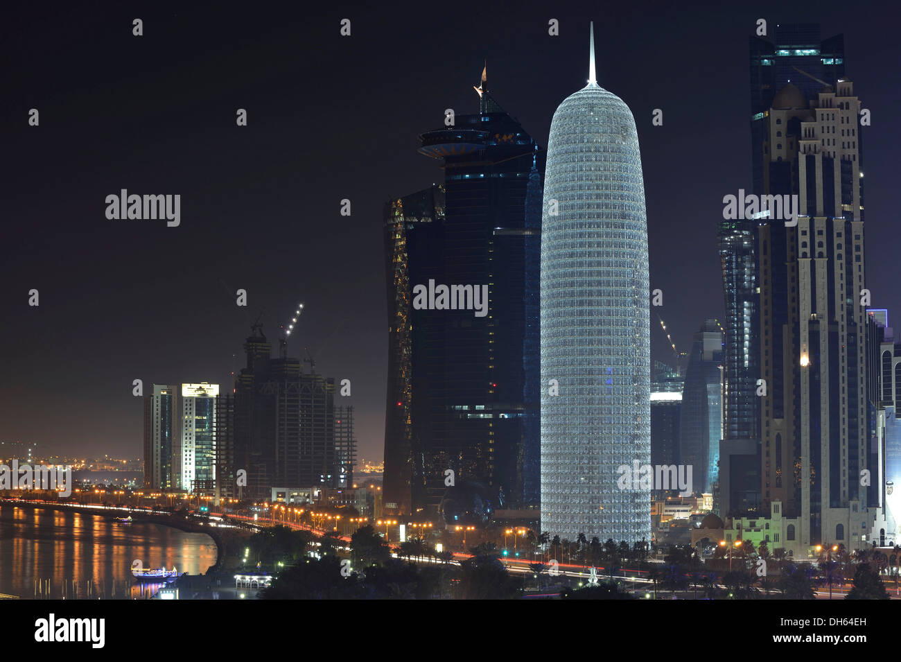 Night scene, skyline of Doha with Al Bidda Tower, World Trade Center ...