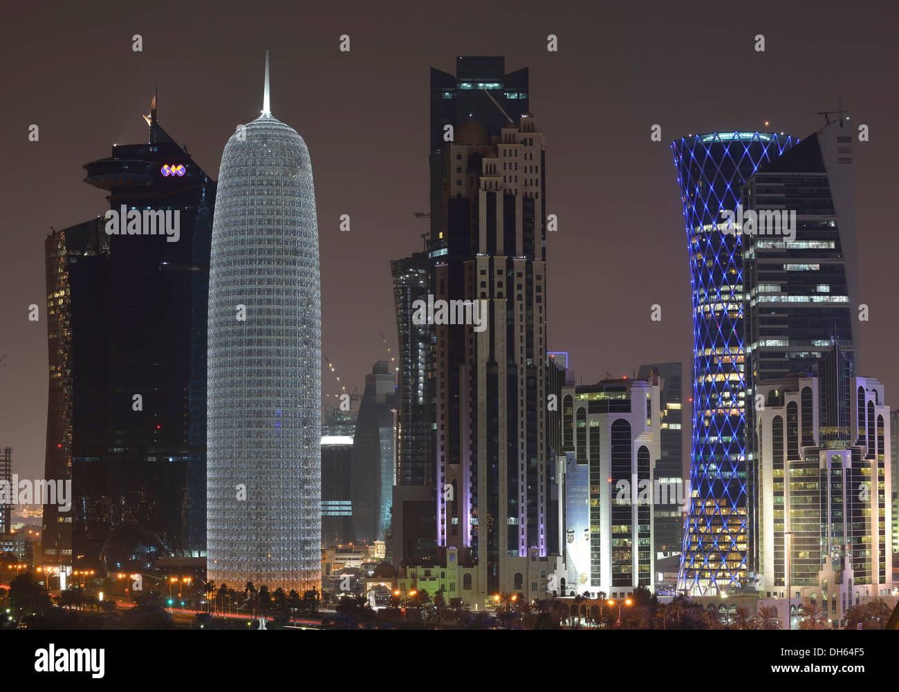 Night scene, skyline of Doha with Al Bidda Tower, World Trade Center ...