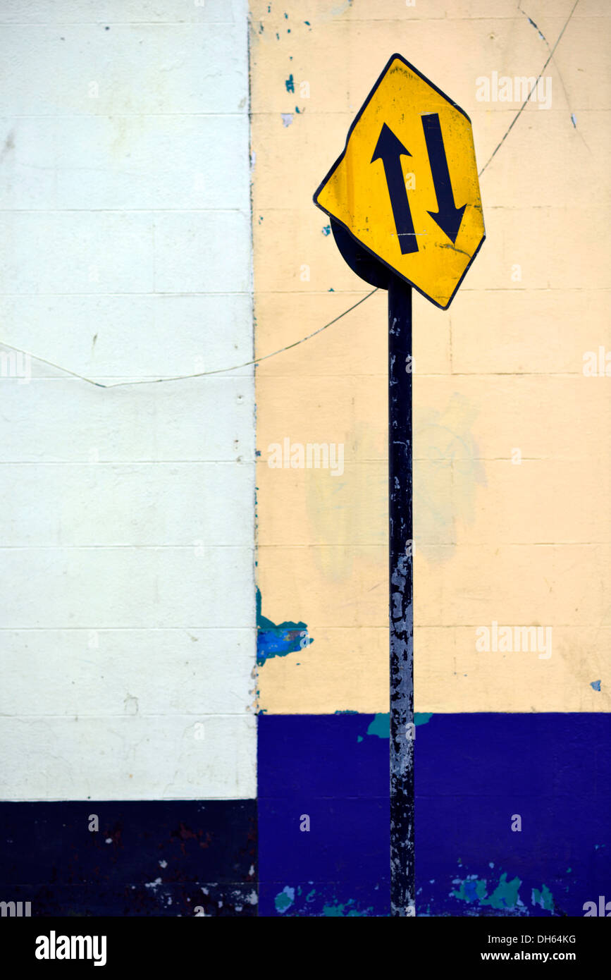 Damaged, dilapidated road sign, oncoming traffic, Athlone, Midlands ...