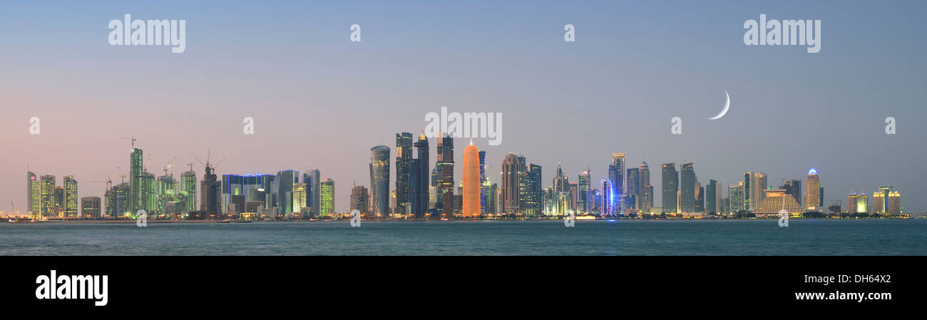 Panoramic view of the Doha skyline at dusk, Doha, Doha, Qatar Stock ...