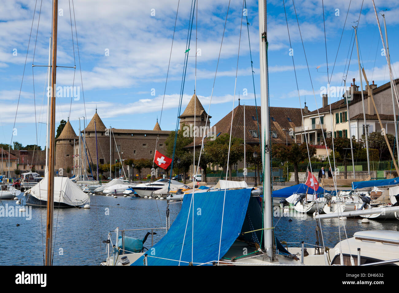 The former fortress and castle of Morges located by the marina on Lake ...