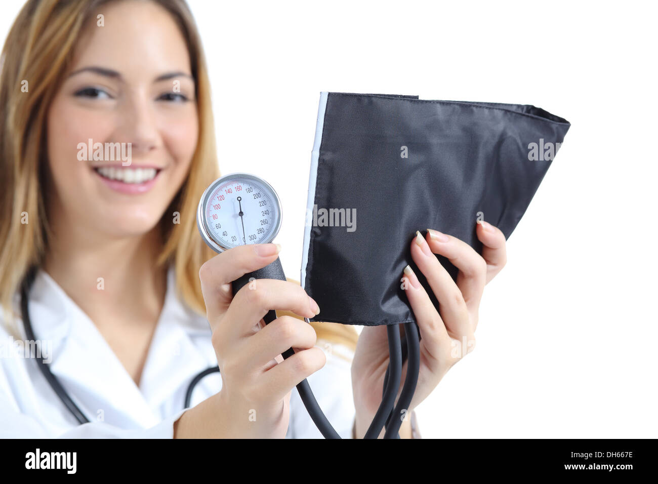Female doctor holding and showing a sphygmomanometer isolated on a ...