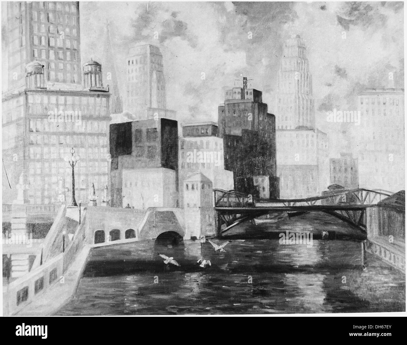 A photograph from around 1929 showing a cityscape dominated by towering ...