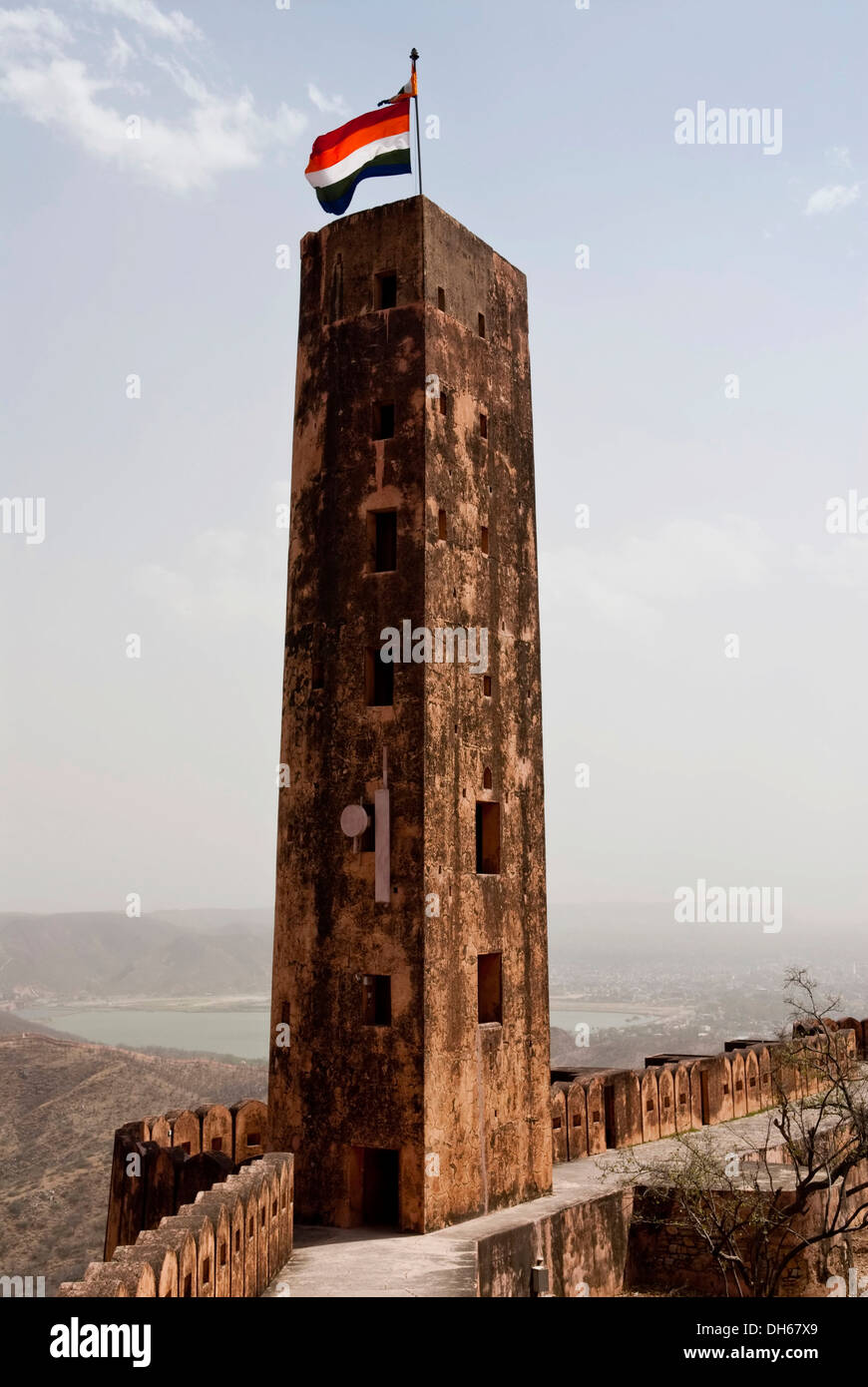 Watchtower with flag, Amber, Rajasthan, Rajasthan, India, Asia Stock ...