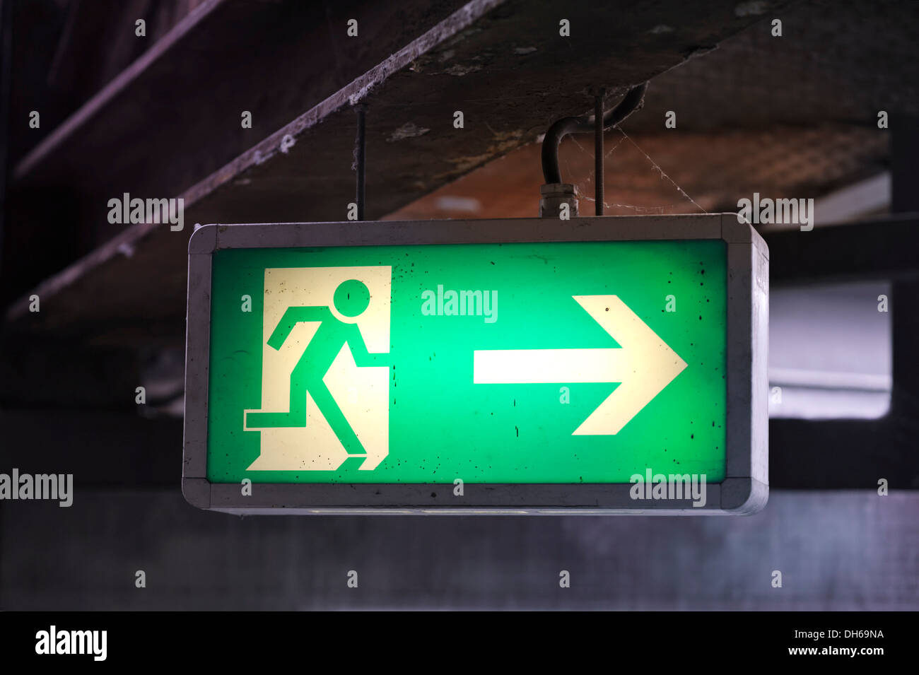 Emergency exit, old machine hall Stock Photo - Alamy