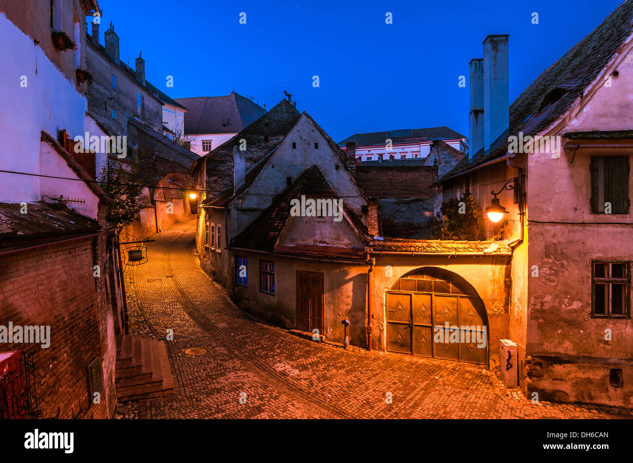 Sibiu, town in Transylvania, Romania. Old street of residential ...