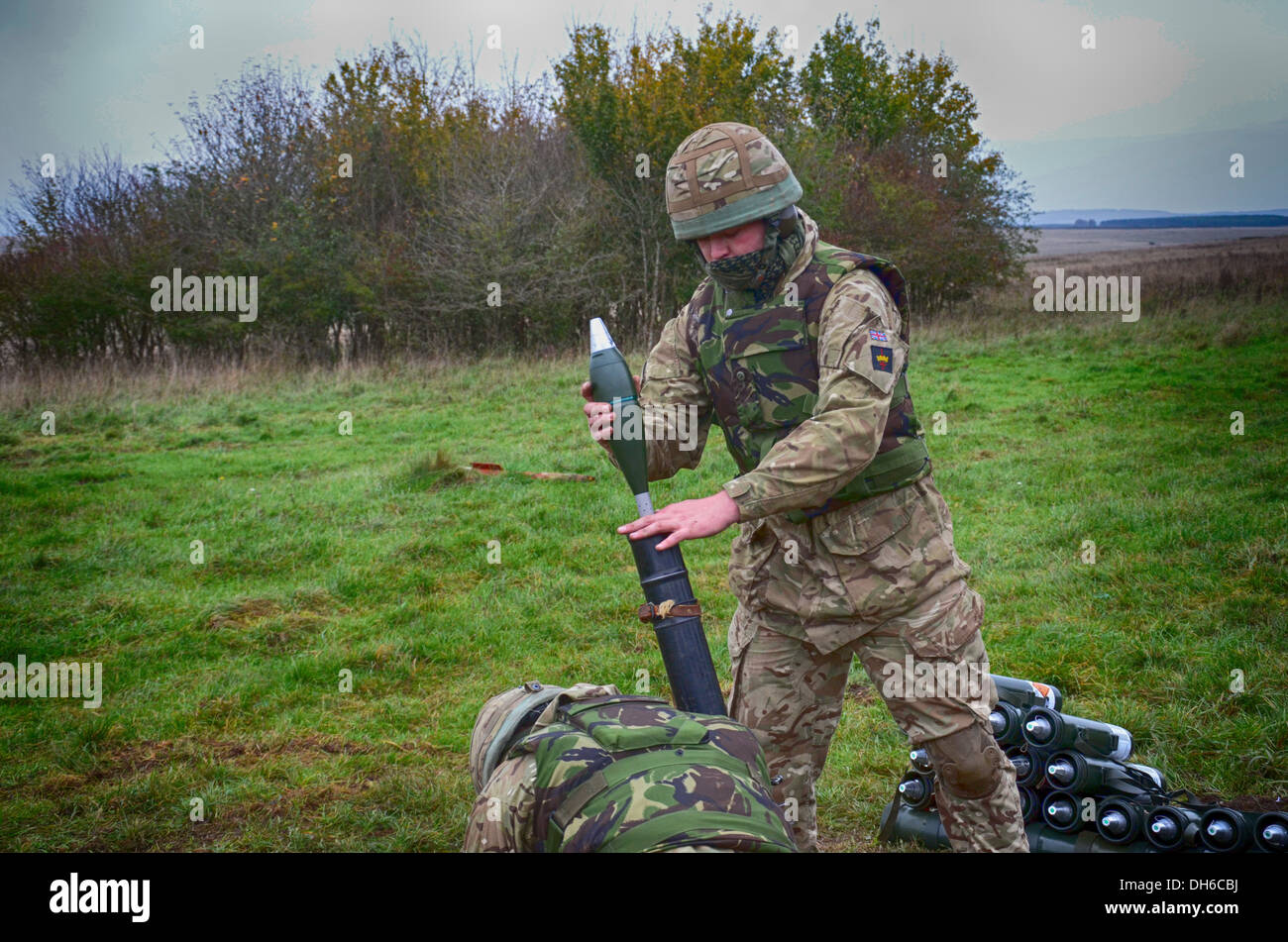 Welsh Guards mortar platoon live firing on Salisbury plain using the ...