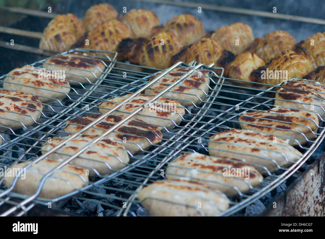 Barbecue of crayfish and potatoes on the natural wooden fire Stock ...