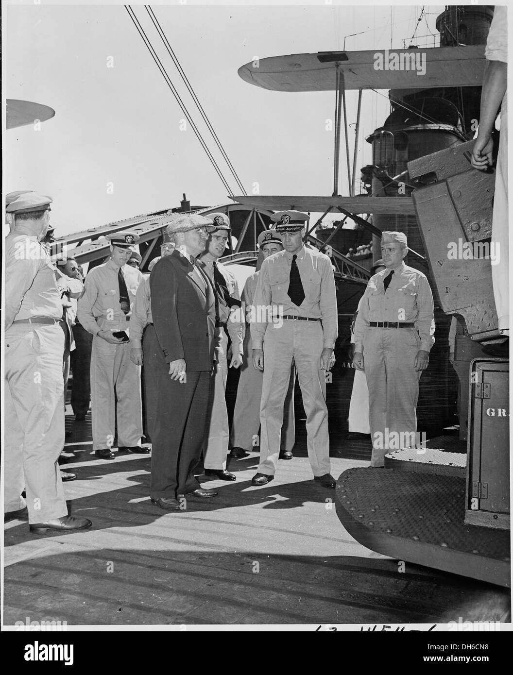 President Harry S. Truman tours the U.S.S. Augusta, engaging in ...