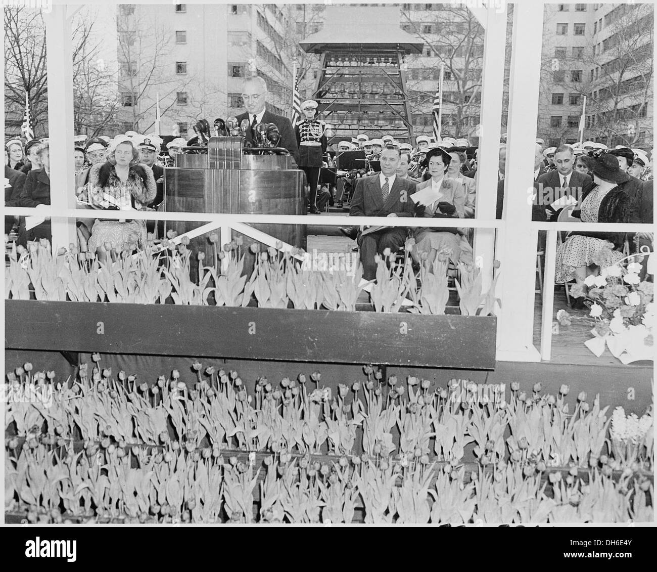 A photograph capturing President Harry S. Truman delivering a speech in ...