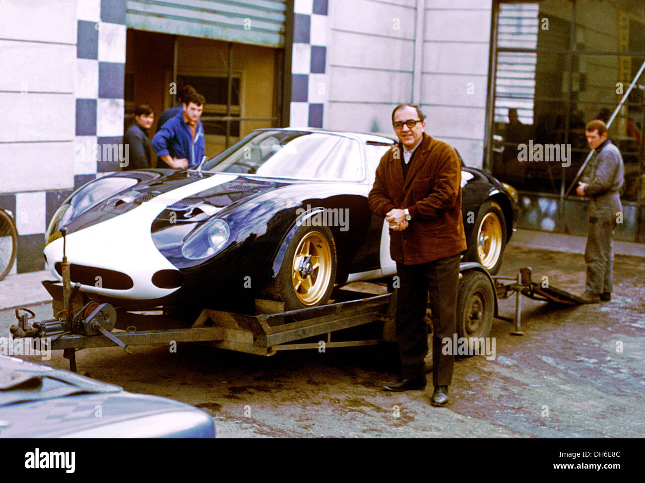 Don Parker with Ferrari 250 Le Mans Drogo on the trailer at Modena ...