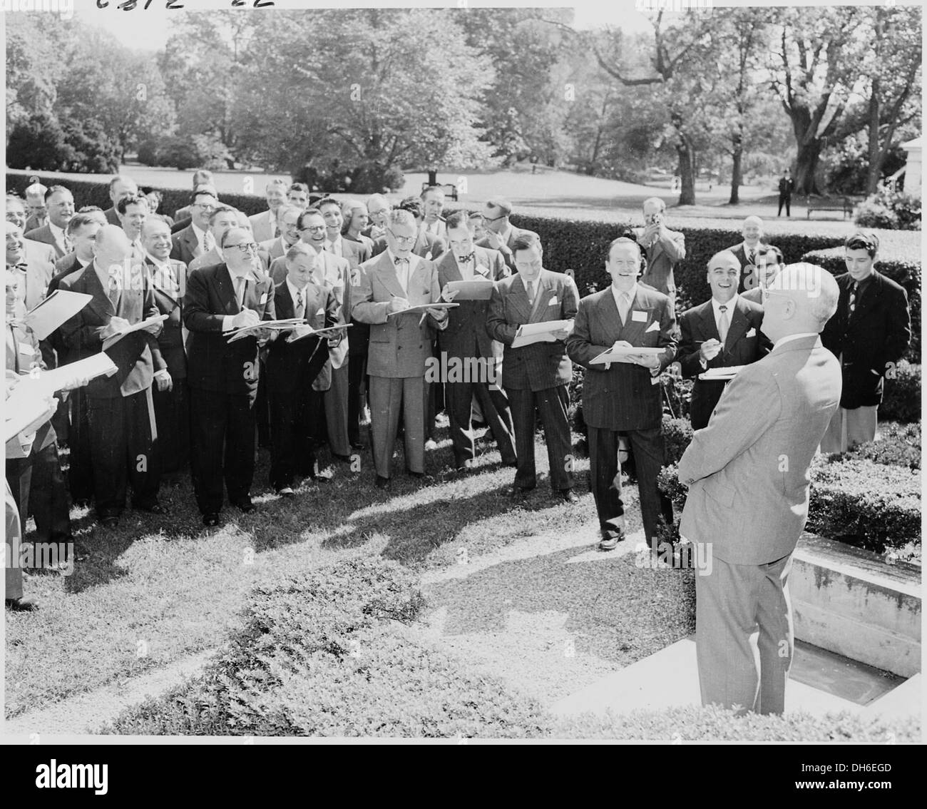 This photograph shows President Harry S. Truman outside the White House ...