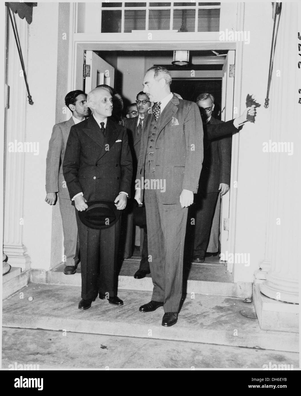 This photograph shows Indian Prime Minister Jawaharlal Nehru and U.S ...