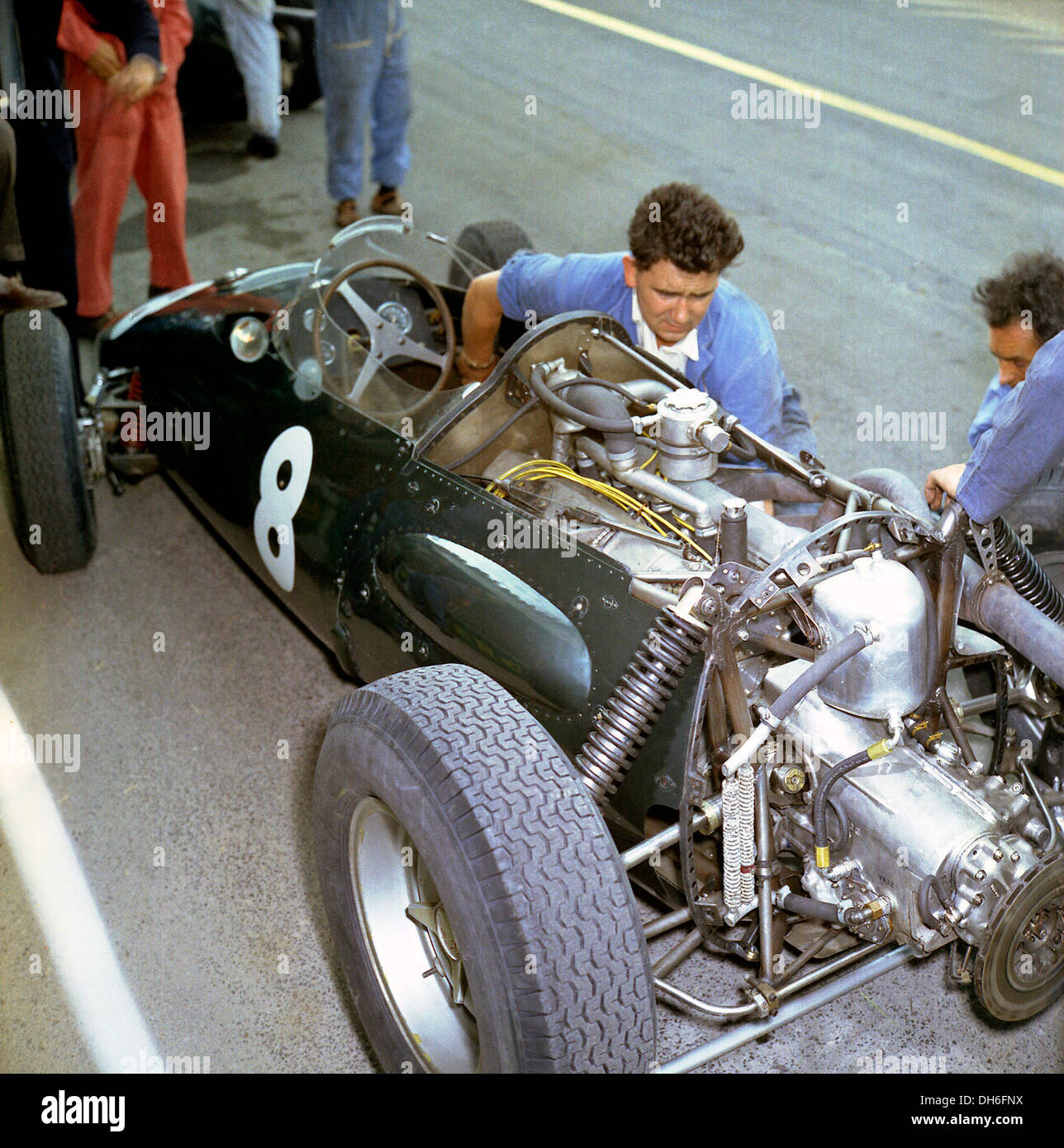 Chief Mechanic Phil Ayliffe working on the works BRM P48 2.5-litre ...