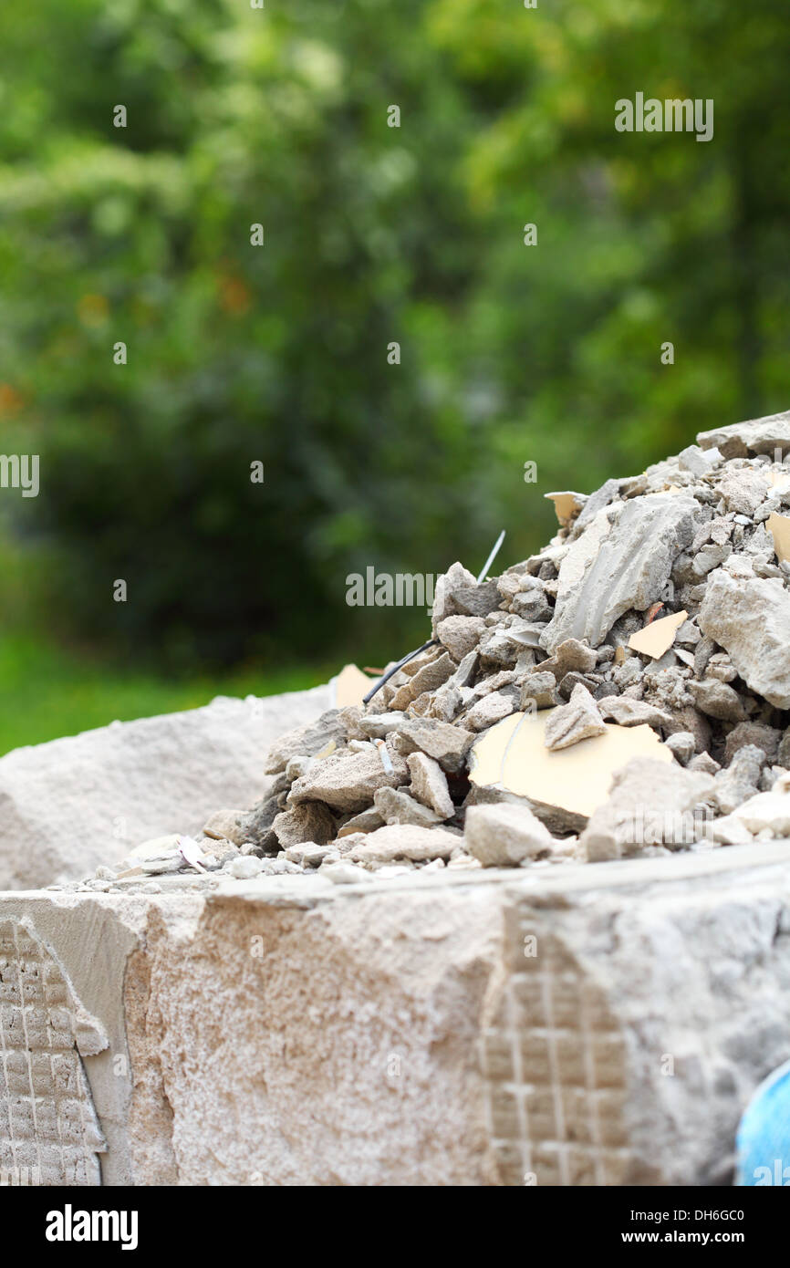 Full construction waste debris bags, garbage bricks, pile of rubble and ...