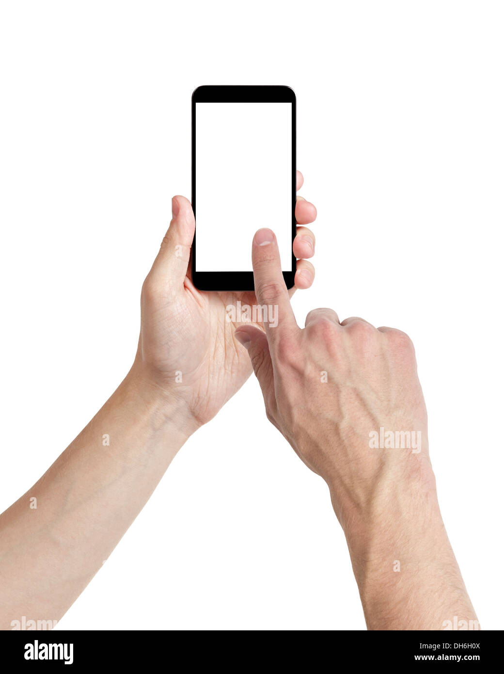 adult man hands using mobile phone with white screen, isolated Stock ...