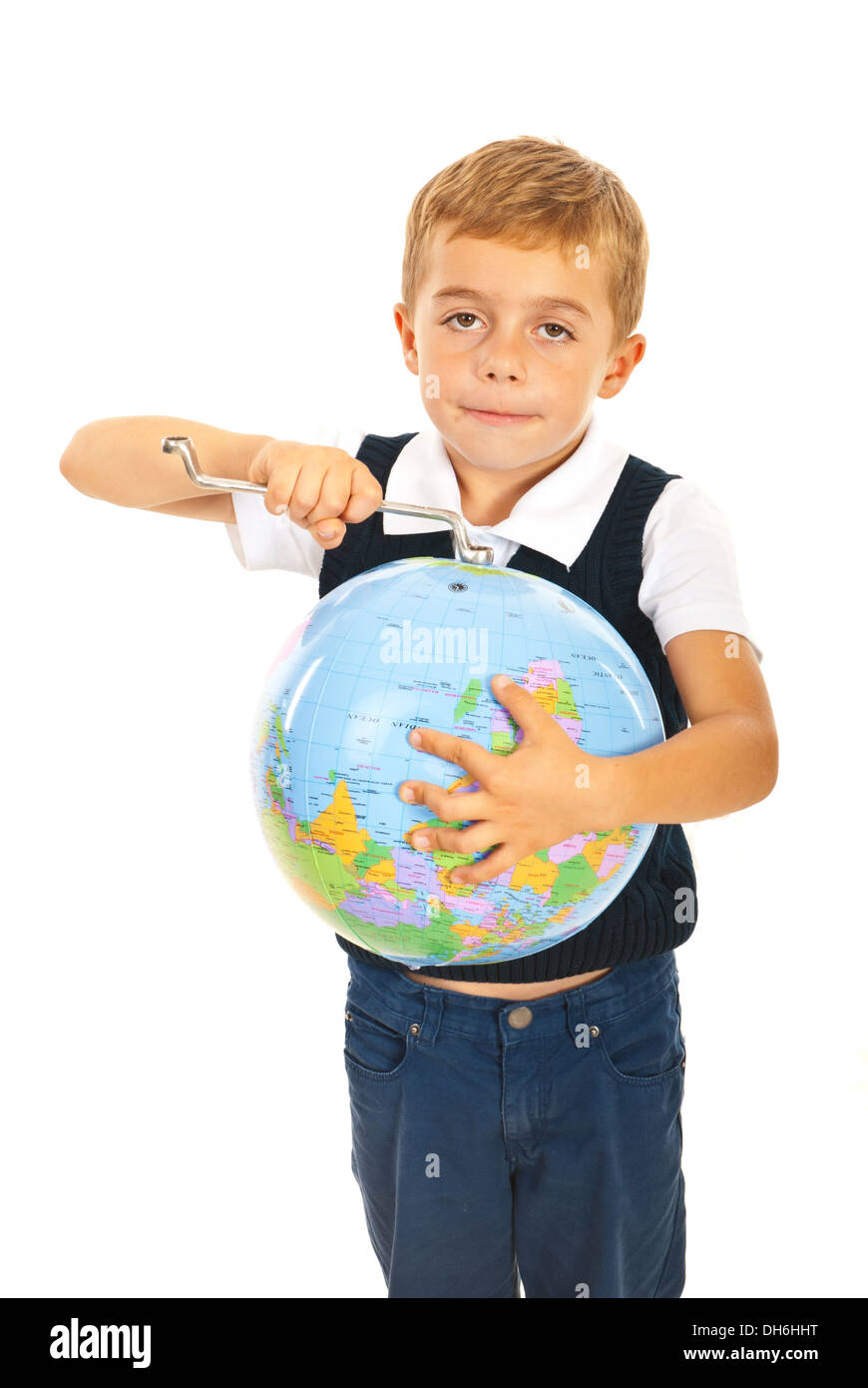 Little boy holding tool key and fixing world globe isolated on white ...