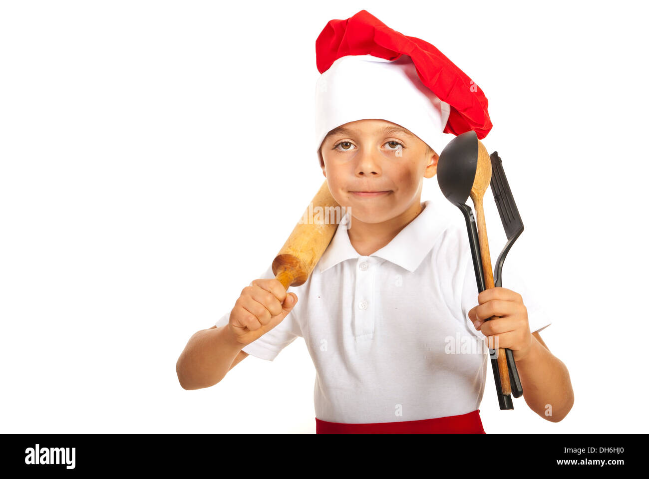 Chef boy holding many utensils isolated on white background Stock Photo ...