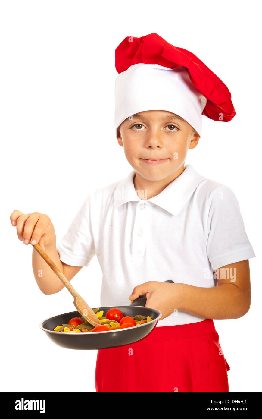 Chef boy prepare macaroni with tomatoes isolated on white background ...