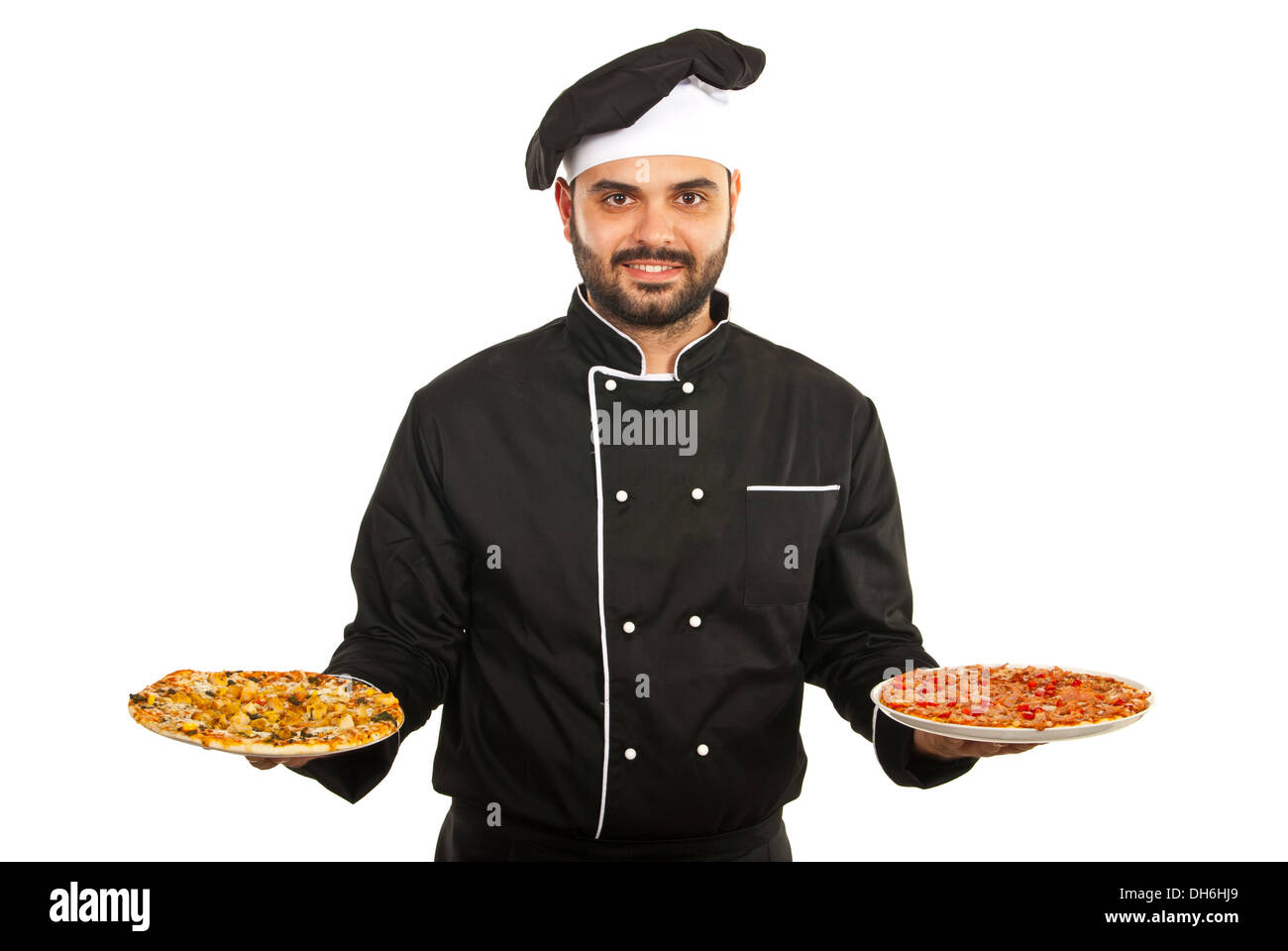 Happy chef man serving pizza isolated on white background Stock Photo ...
