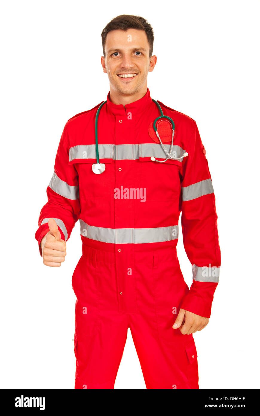 Happy paramedic man giving thumb up isolated on white background Stock ...