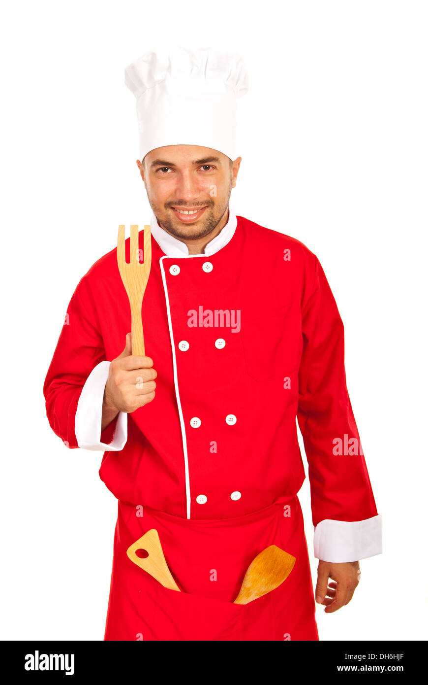 Funny chef showing wooden utensil isolated on white background Stock ...