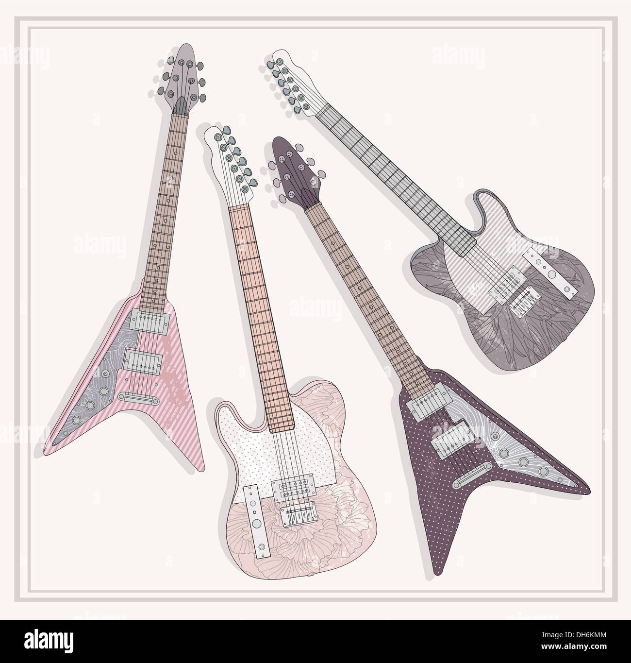 Electric and bass guitars set. Cute guitars with floral pattern Stock ...