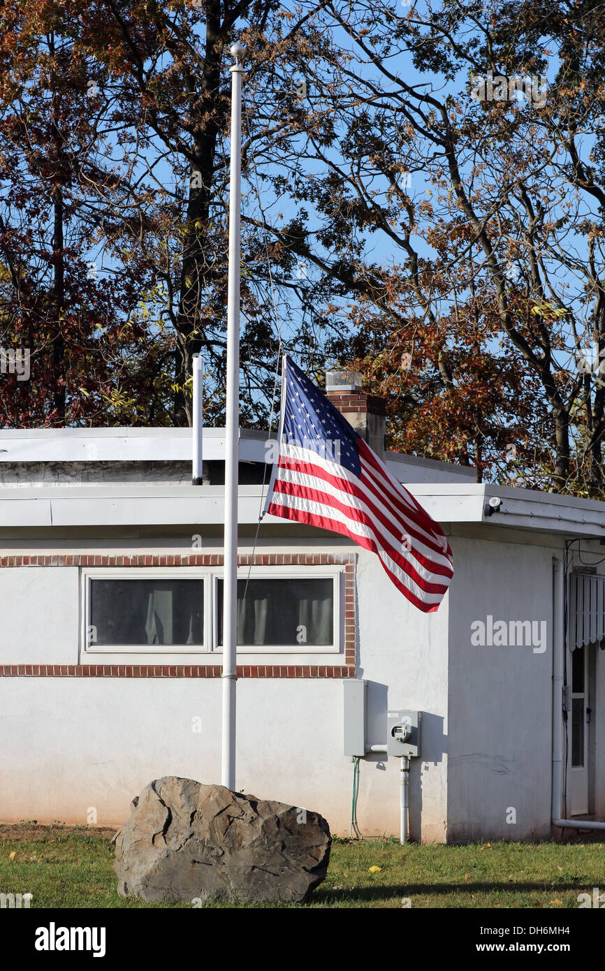 USA American flag at half mast in morning Stock Photo - Alamy