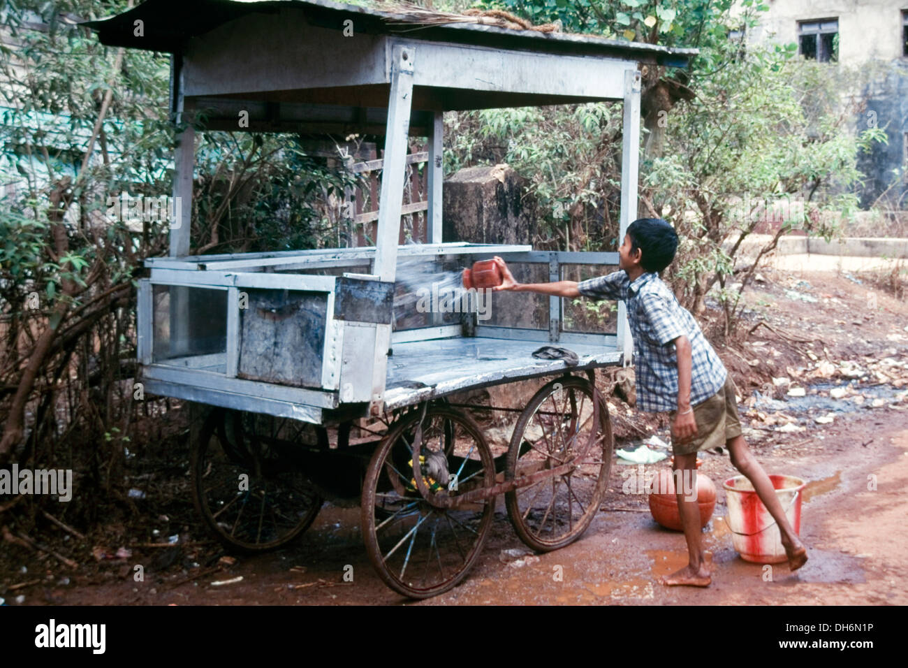 young local boy washes out his families food cart goa india Stock Photo ...