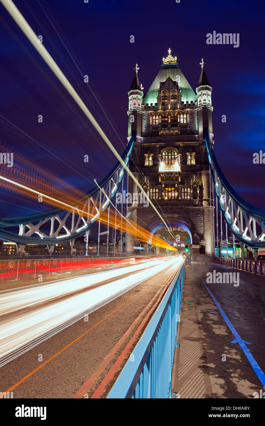 Light trails of heavy traffic at Tower Bridge in London, UK Stock Photo ...
