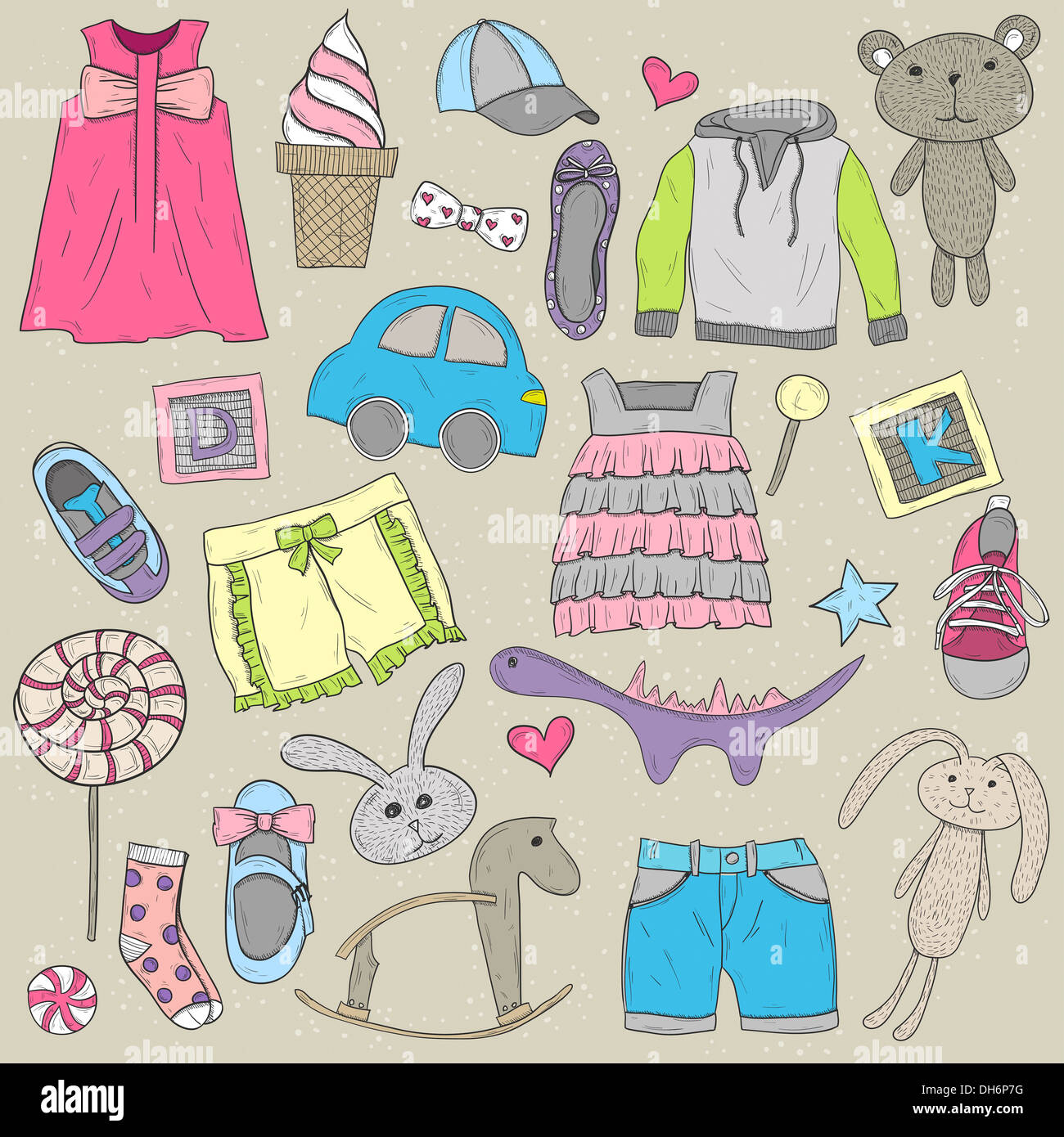 Children clothes and toys design elements set Stock Photo - Alamy