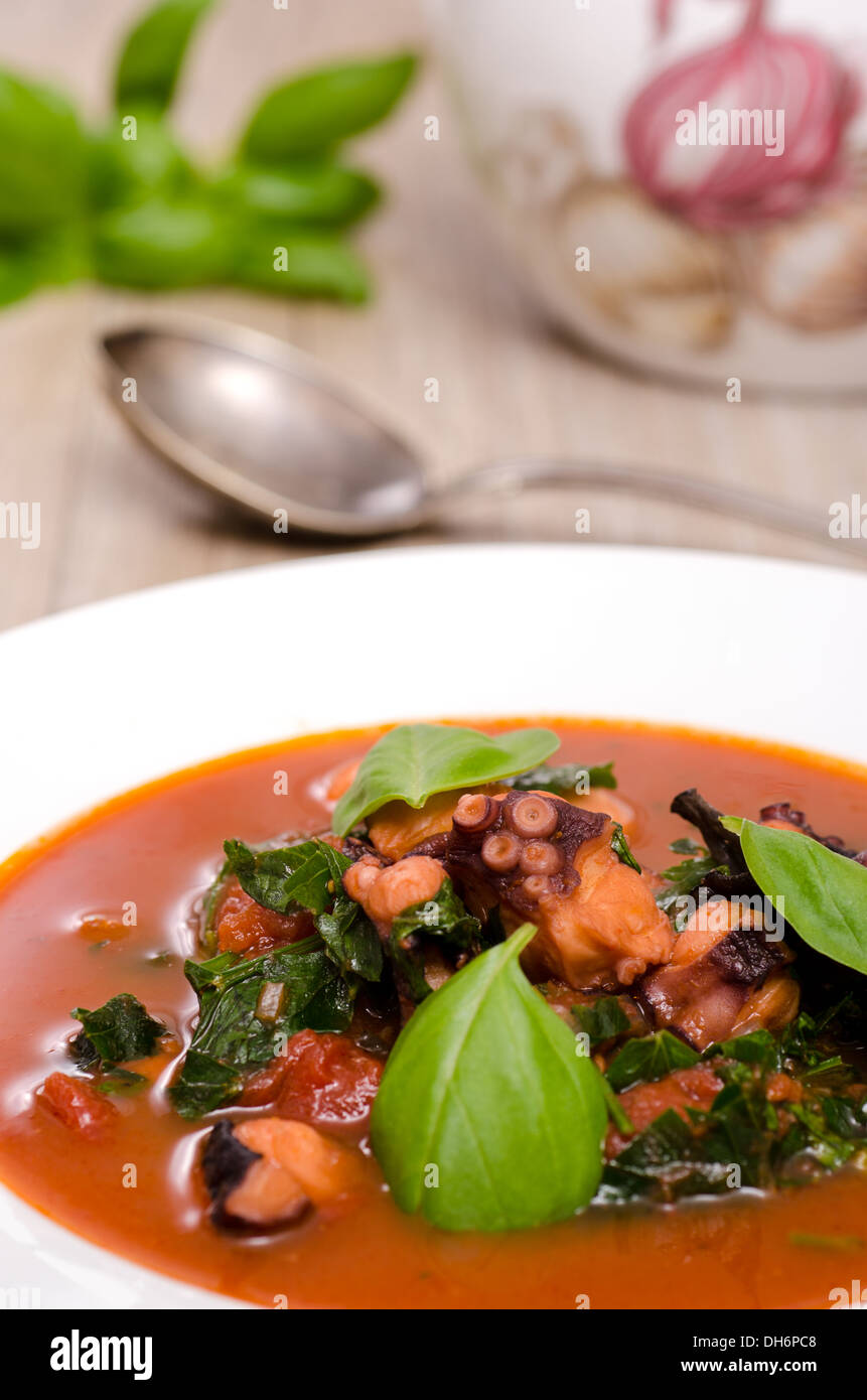 Stewed octopus in tomato sauce with green basil Stock Photo - Alamy
