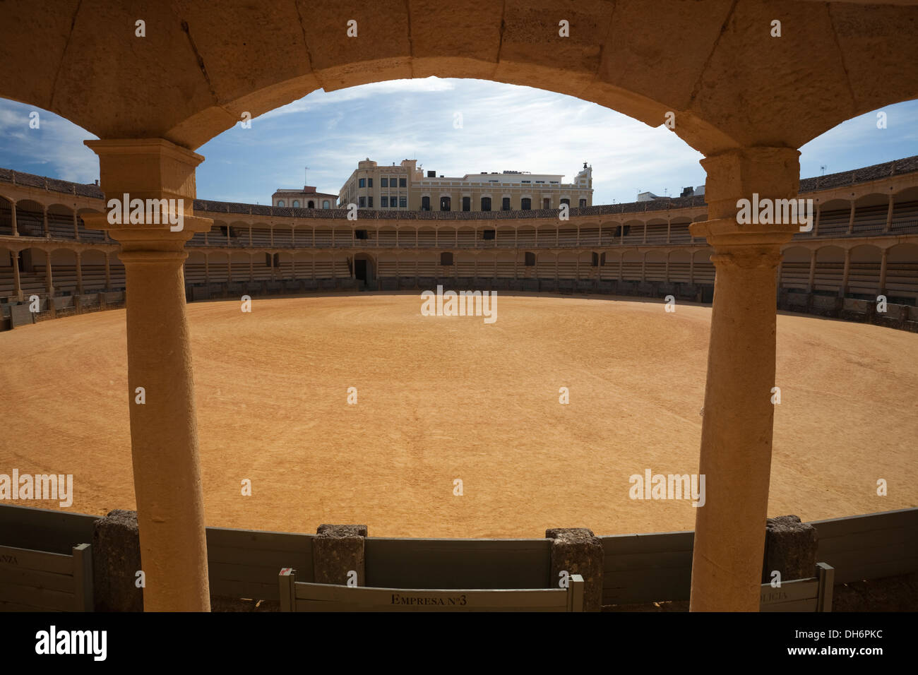 View from stands to the arena of Ronda bullring or Plaza de Toros de ...