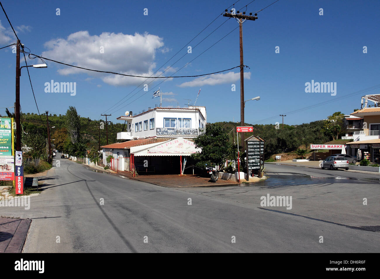 A view of Troulos, a coastal village and resort on the Greek Island of ...