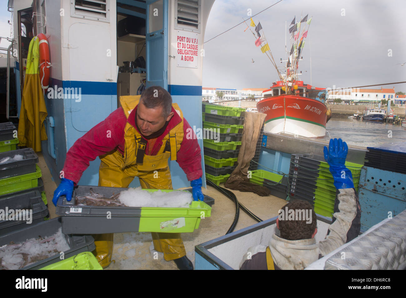 Fishermen removing boxes of fishes from the fish hold Stock Photo - Alamy