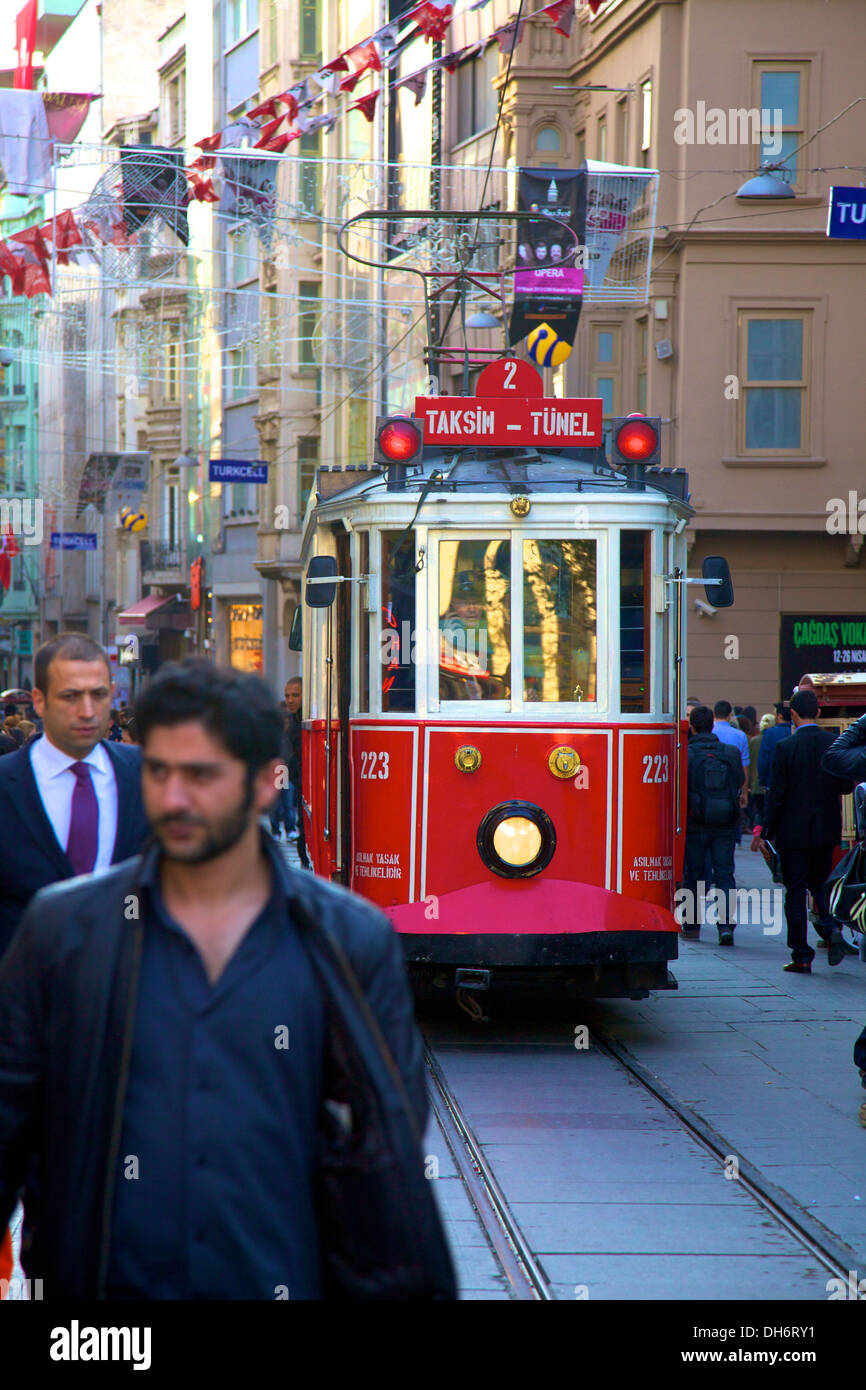 Historic Red Tram on Istiklal Caddesi, Beyoglu, Istanbul, Turkey Stock ...