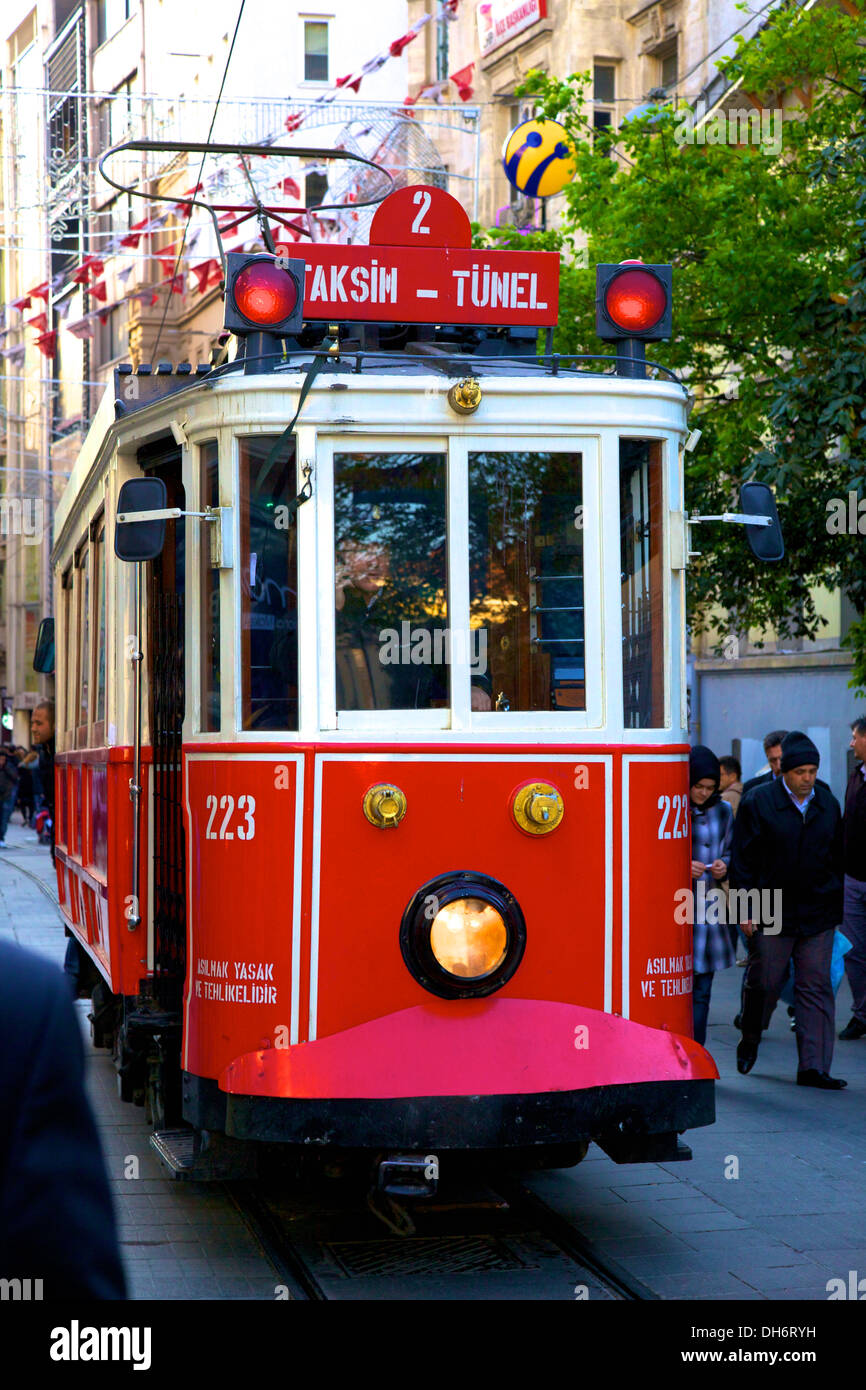 Historic Red Tram on Istiklal Caddesi, Beyoglu, Istanbul, Turkey Stock ...