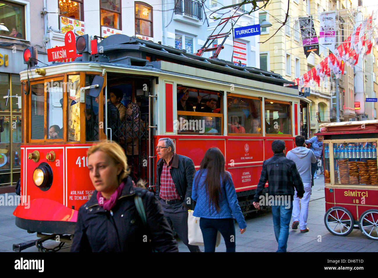 Historic Red Tram on Istiklal Caddesi, Beyoglu, Istanbul, Turkey Stock ...