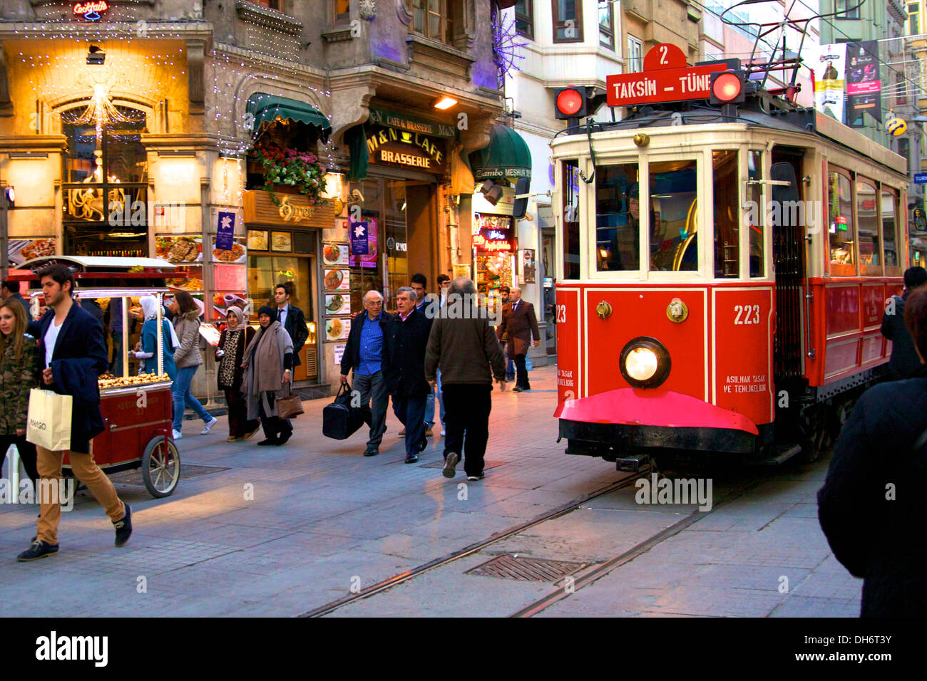 Historic Red Tram on Istiklal Caddesi, Beyoglu, Istanbul, Turkey Stock ...