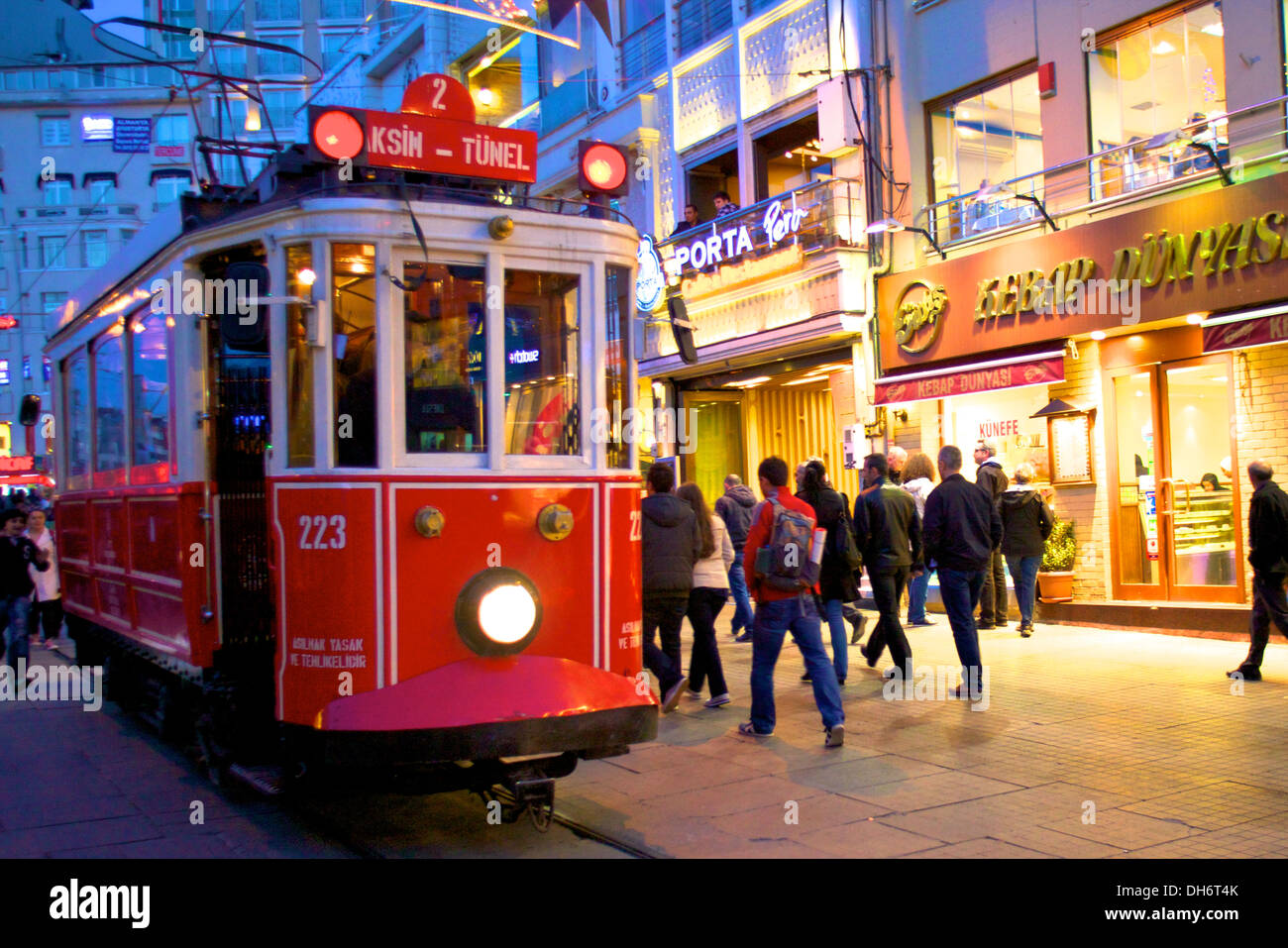 Historic Red Tram on Istiklal Caddesi, Beyoglu, Istanbul, Turkey Stock ...